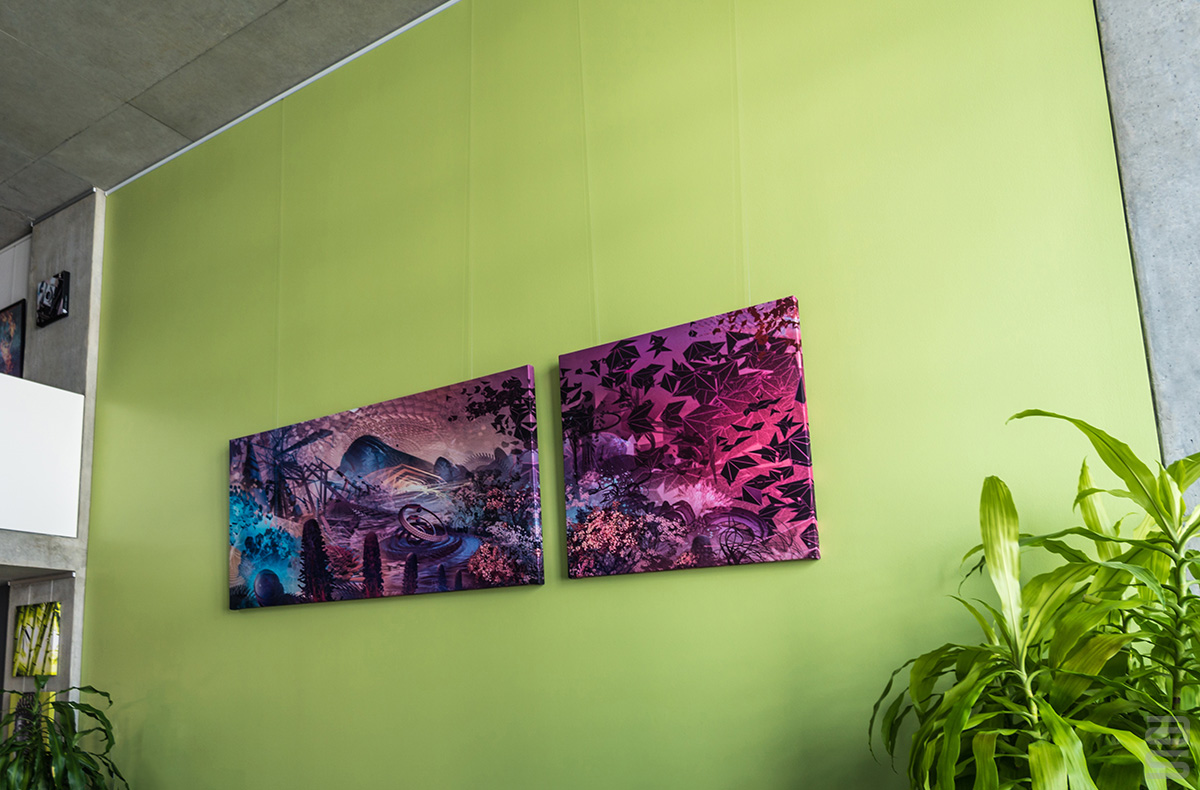Hanging art on walls with high ceilings